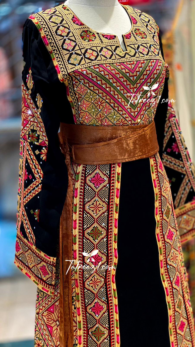 Black Color/ Gold Embroidered Palestinian Fellahi Thobe With Kashmir b – Tatreez1