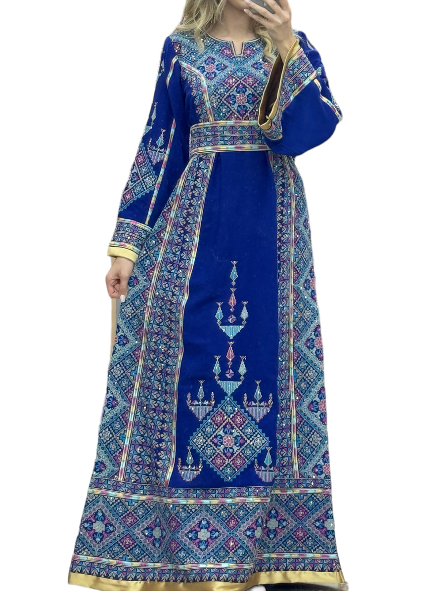 Blue Embroidery Embroidered Palestinian Thobe With Reversible Belt ...