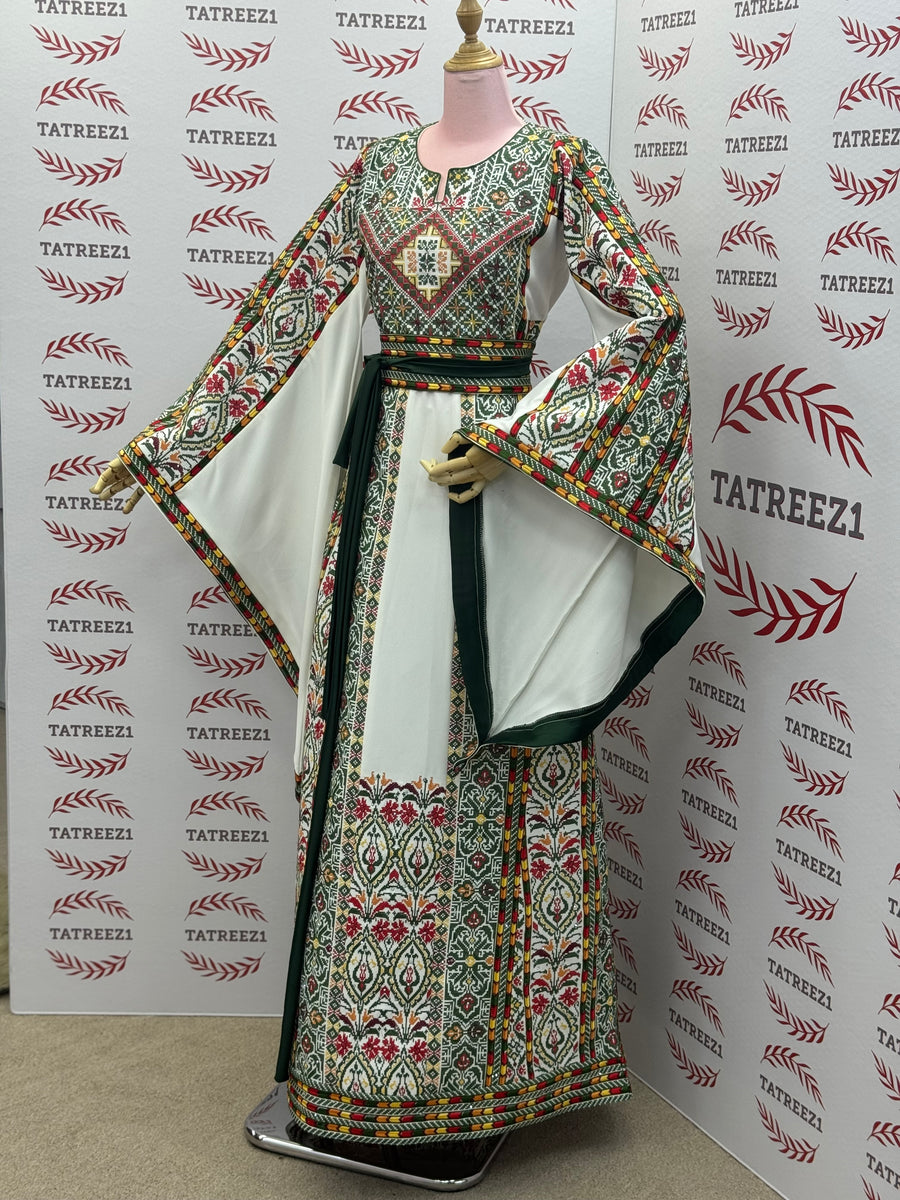 White Traditional Palestinian Thobe – Green Elegance Embroidery – Tatreez1