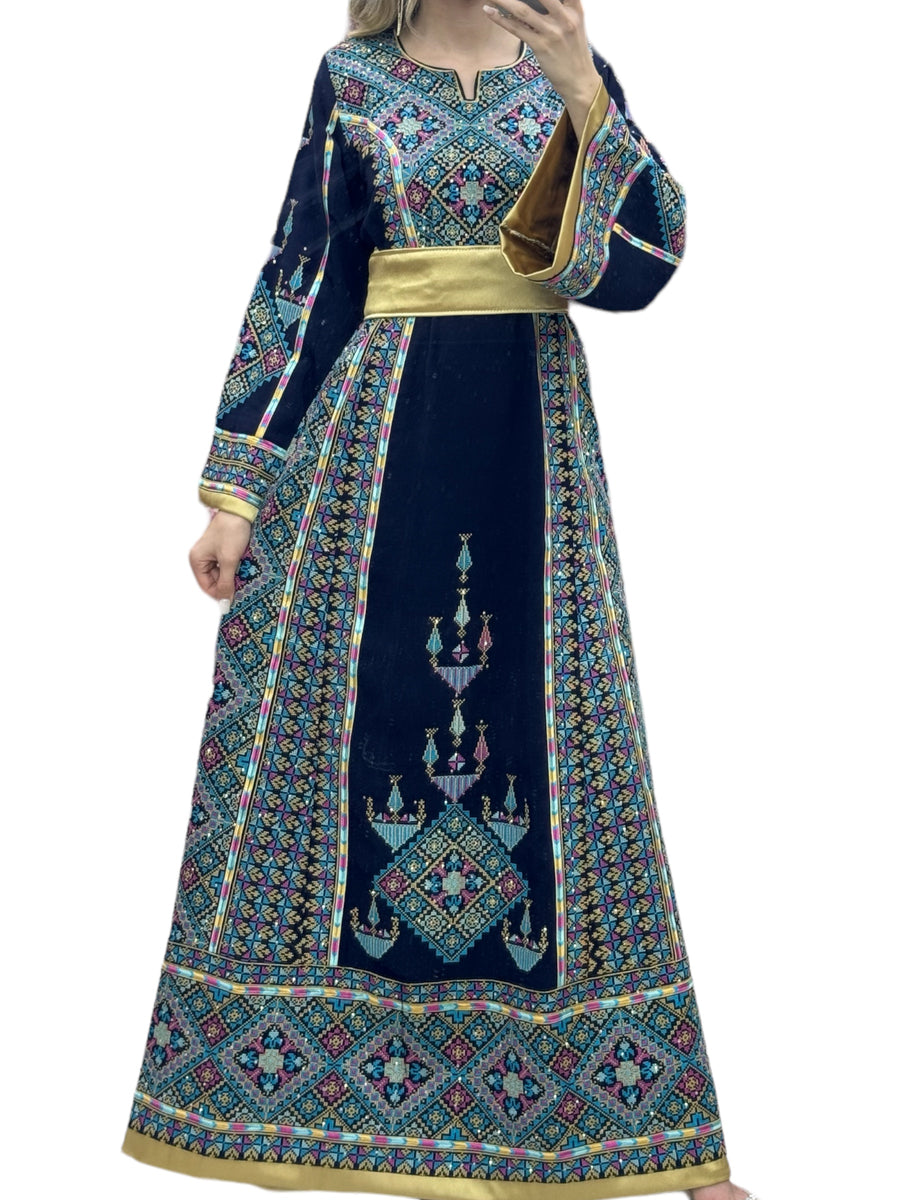 Navy Embroidery Embroidered Palestinian Thobe With Reversible Belt ...