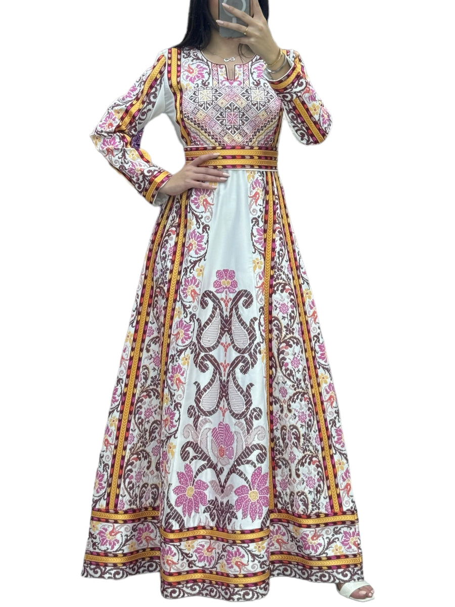 Light beige Embroidered Palestinian Thobe belt included – Tatreez1