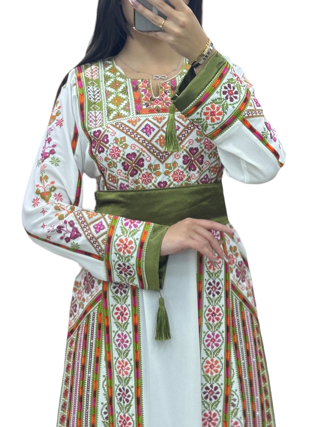 White Traditional Thoub Embroidery Stone Thobe with Matching Embroider ...